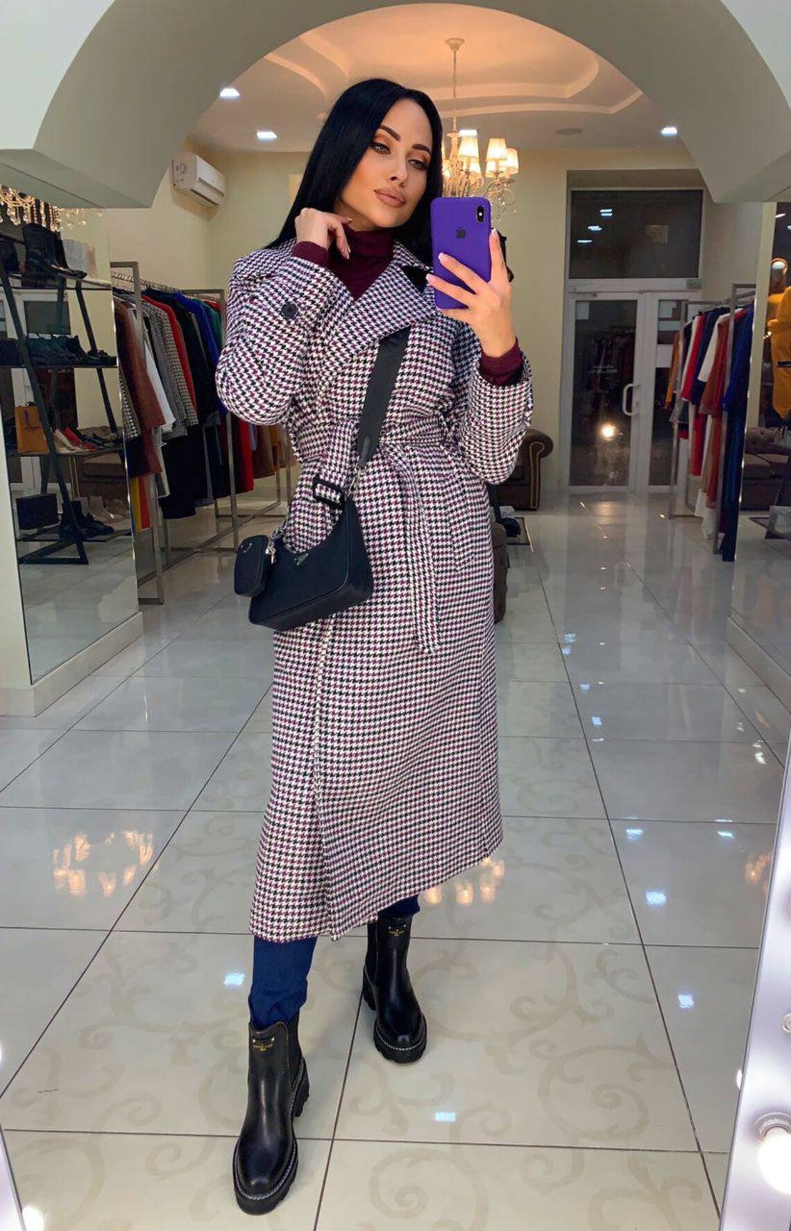 Purple Houndstooth Womens Coat Long Wool Coat Belted Wool | Etsy