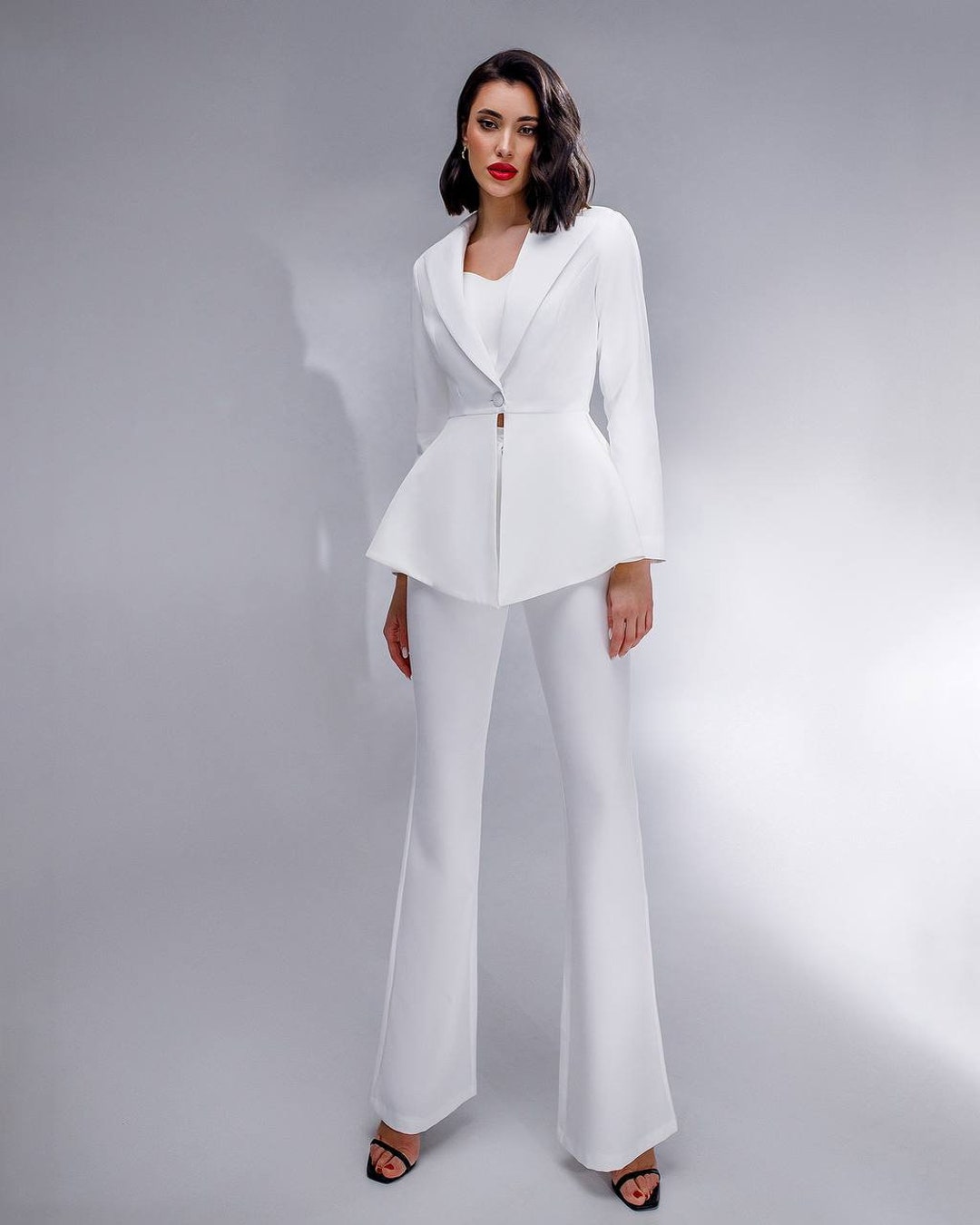 White Flared Pants Suit With Peplum Blazer for Women, White Bridal ...
