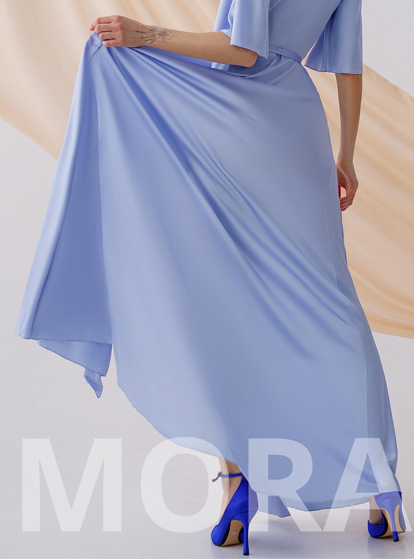 Light Blue Silk Wrap Maxi Dress With Short Sleeves, Sky Blue Silk Maxi ...
