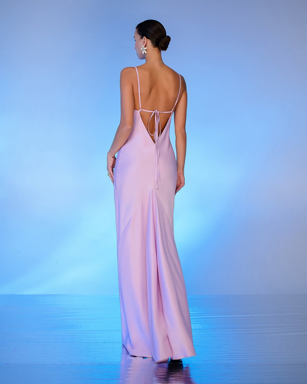 Light Pink Satin Slip Maxi Dress, Pink Satin Open Back Slip Dress for ...