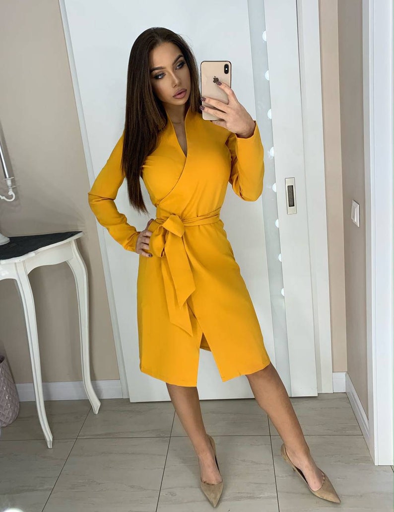 Wrap Midi Dress Yellow Wrap Dress for Women V-neck Dress - Etsy