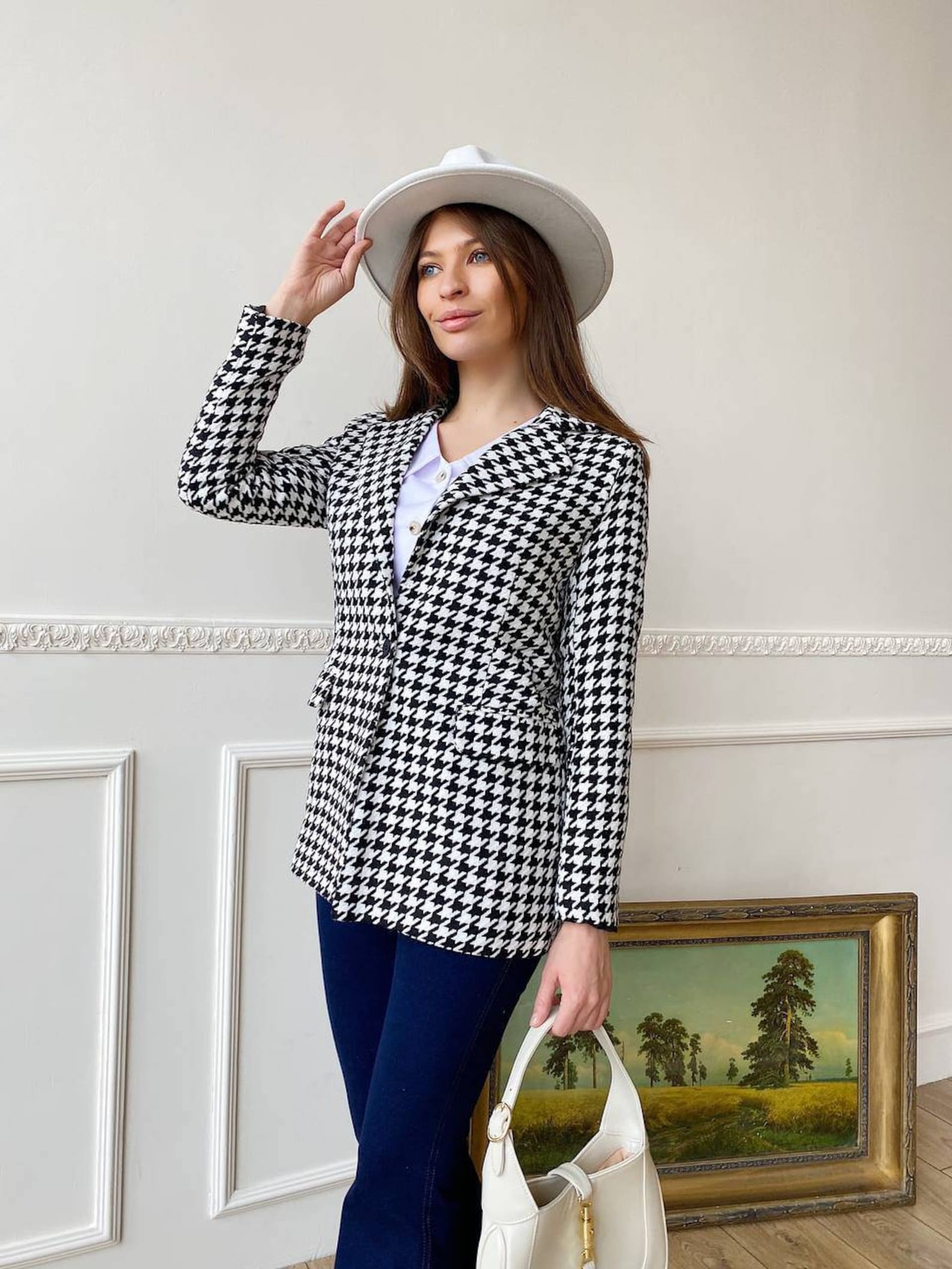 Houndstooth Jacket for Women Houndstooth Wool Blazer With - Etsy