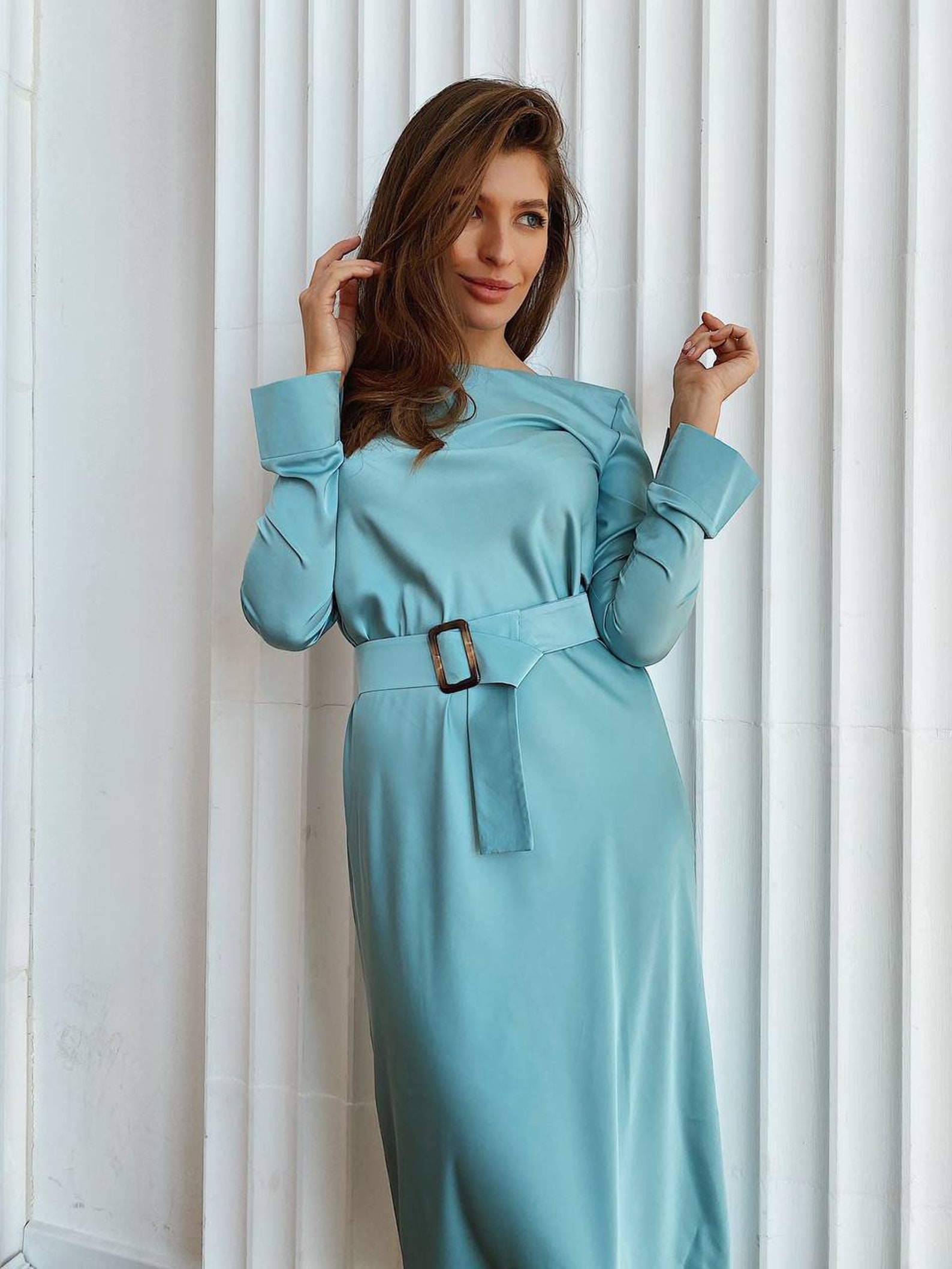Light Blue Silk Dress Blue Midi Dress Silk Long Sleeve - Etsy