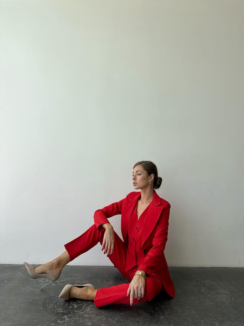 Red Office Women 3-piece Suit With Slim Fit Pants, Buttoned Vest and ...