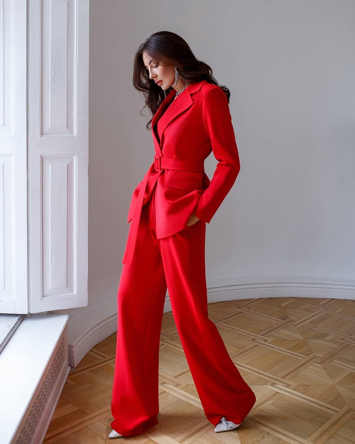 Red Blazer Suit for Women Wide Leg Pants High Rise Belted - Etsy