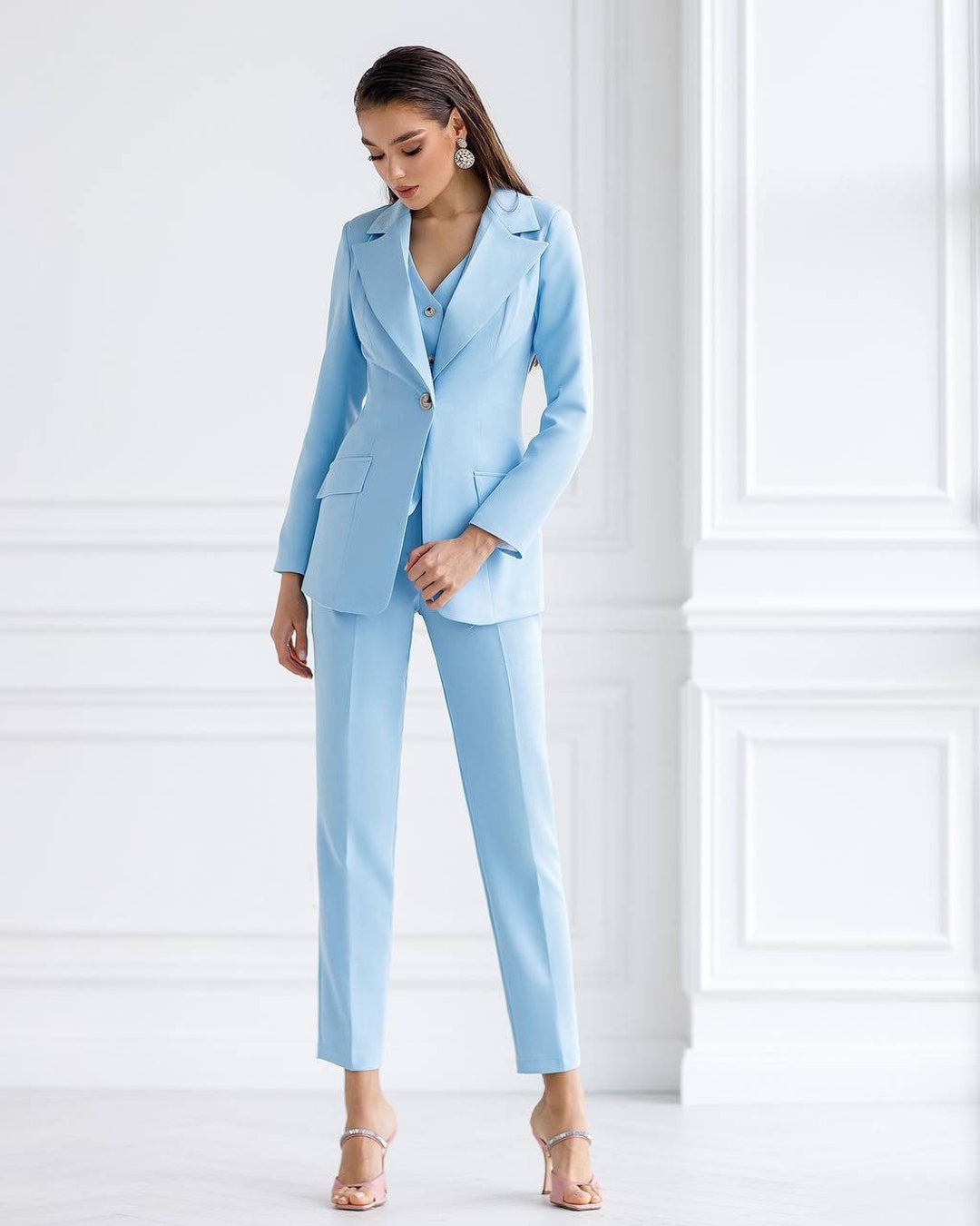 Light Blue Womens Blazer Suit 3 Piece Womens Pantsuit Set Blue Blazer