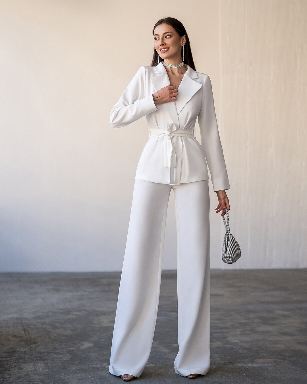 White Chic Pantsuit for Tall Women, Office Women 3 Piece Suit With Wide ...