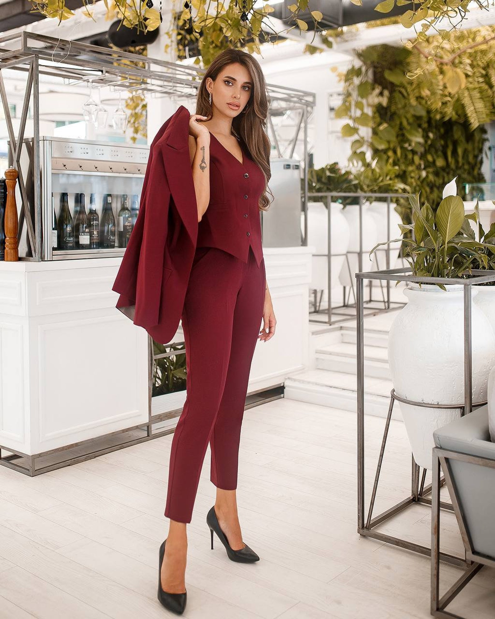 Burgundy Womens Blazer Suit Office Women 3 Piece Suit With - Etsy