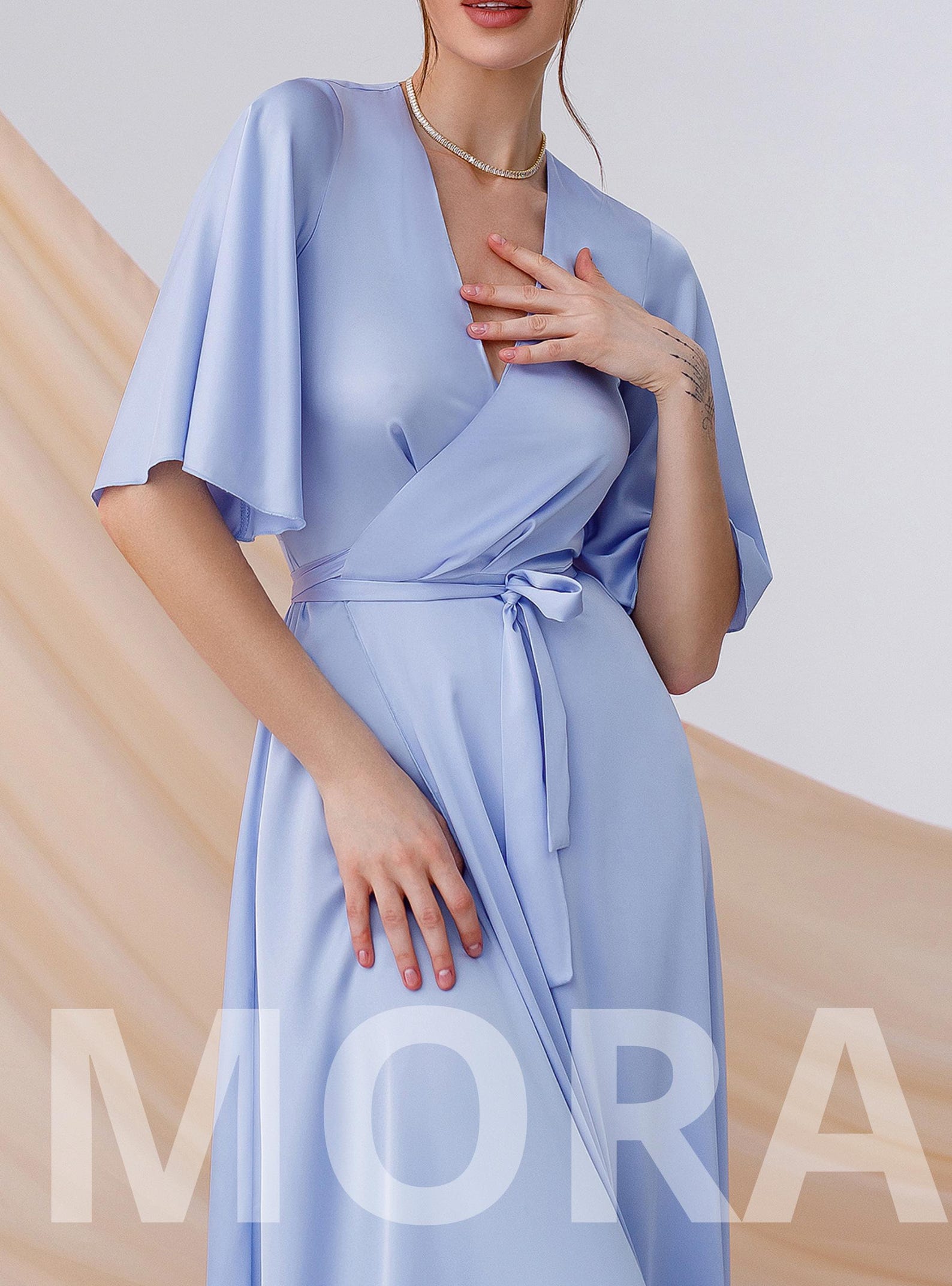 Light Blue Silk Wrap Maxi Dress With Short Sleeves, Sky Blue Silk Maxi ...