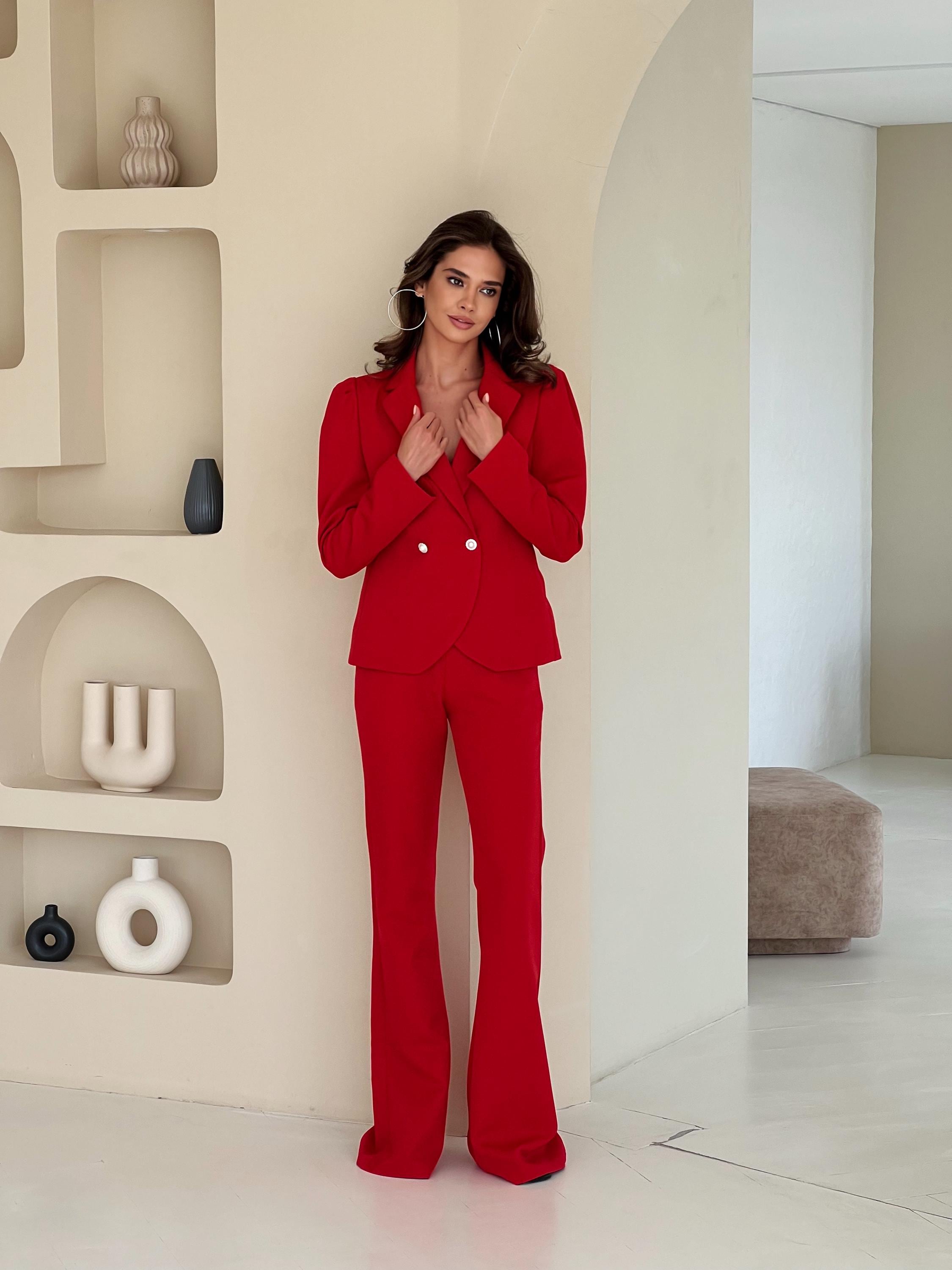 Red Bell Bottom 2-piece Pantsuit Set for Tall Women, Retro Style Co ...