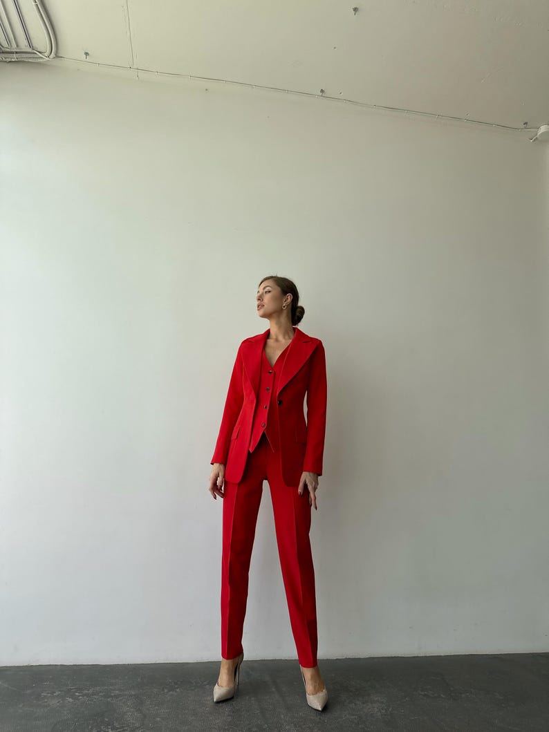 Red Office Women 3-piece Suit With Slim Fit Pants, Buttoned Vest and ...