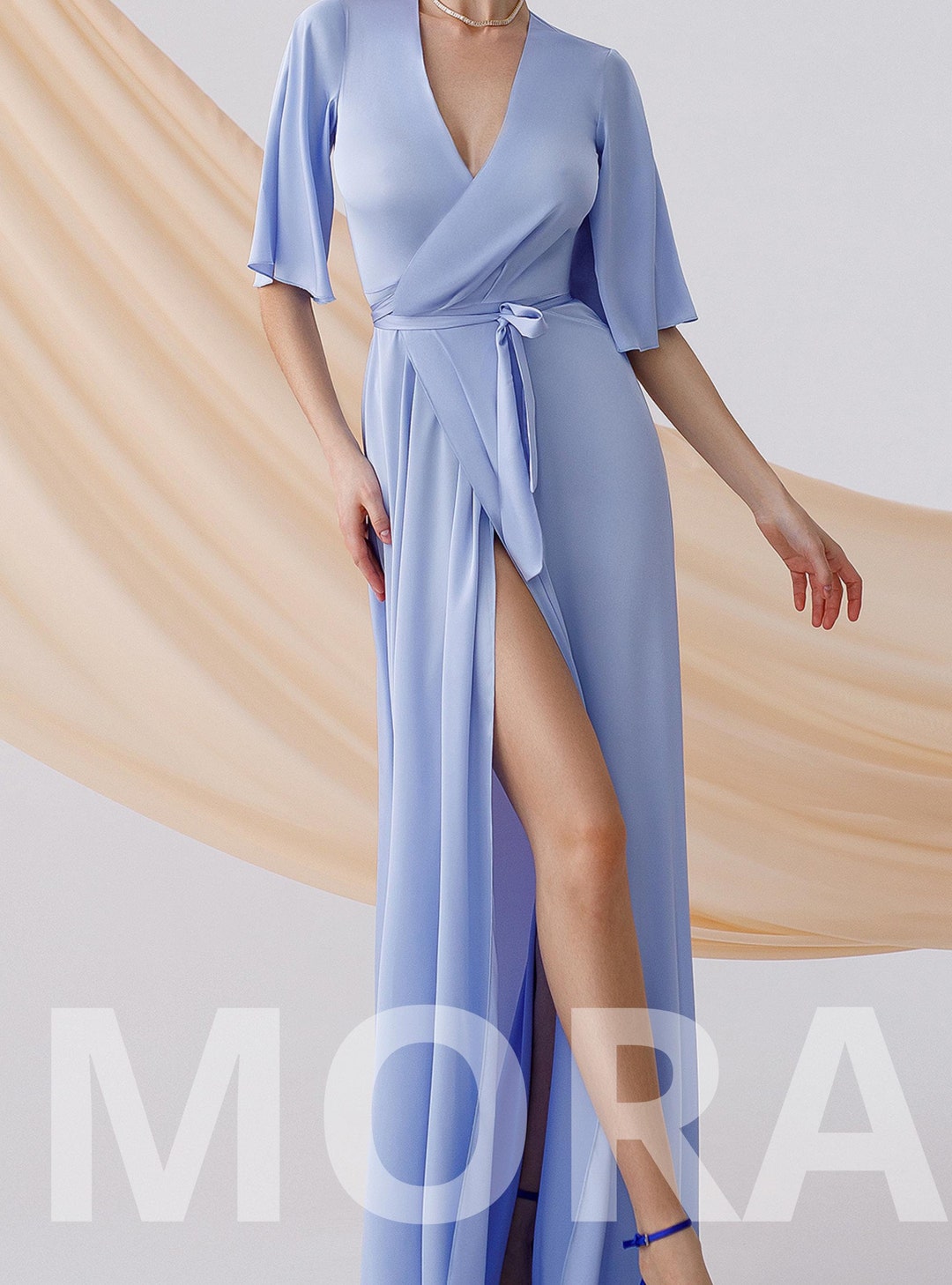 Light Blue Silk Wrap Maxi Dress With Short Sleeves, Sky Blue Silk Maxi ...