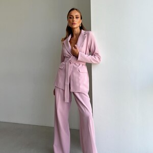 Light Pink 2-piece Suit Set for Women, Pink Pantsuit With Belted Blazer ...
