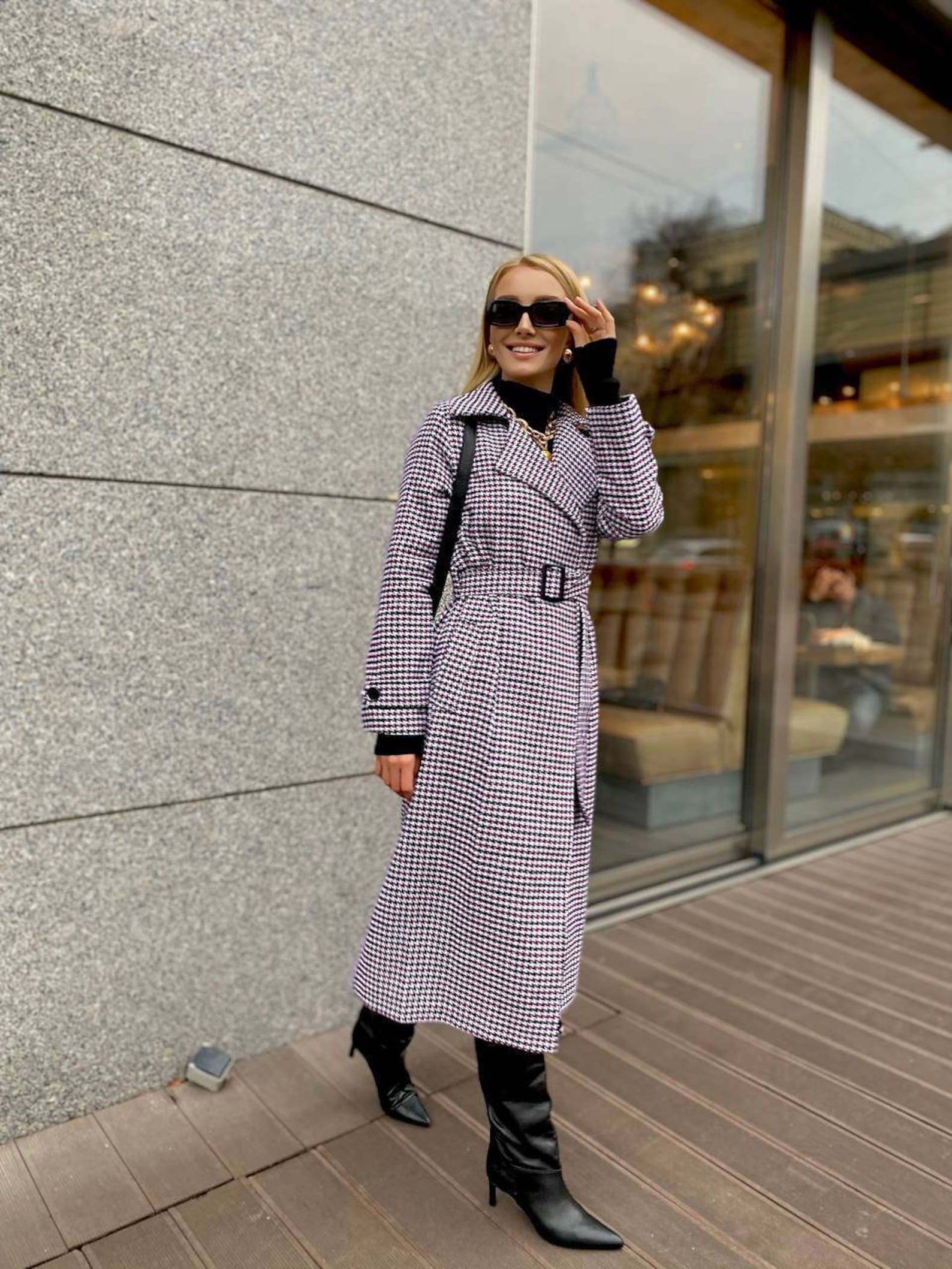Purple Houndstooth Womens Coat Long Wool Coat Belted Wool - Etsy