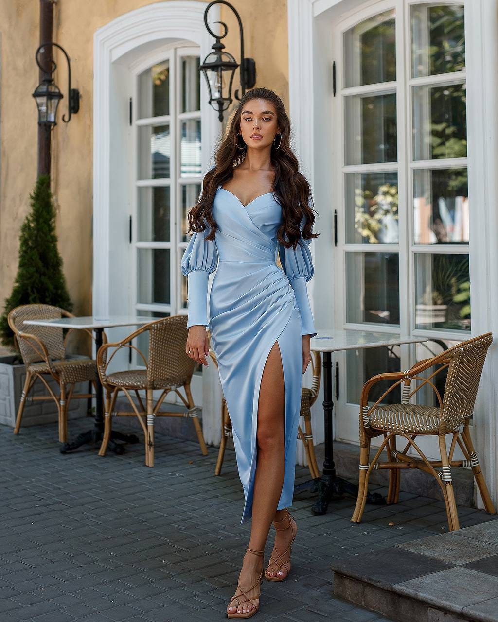 Light Blue Satin Midi Dress Long Cuffed Sleeve Midi Dress - Etsy