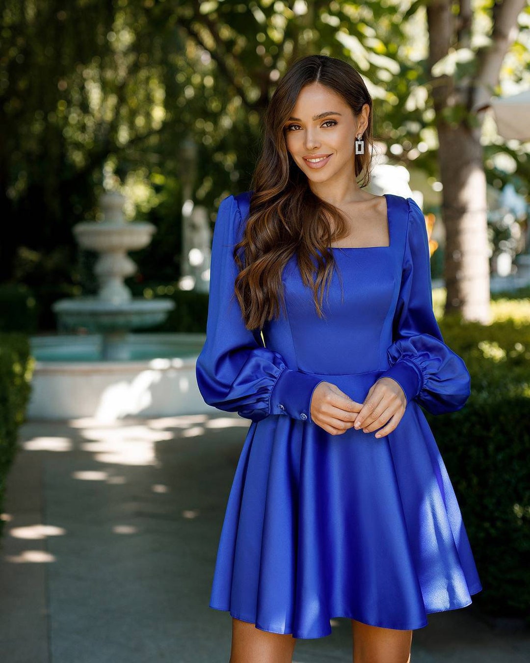 Electric Blue Silk Satin Dress With Bishop Sleeves, Mini Satin Silk ...