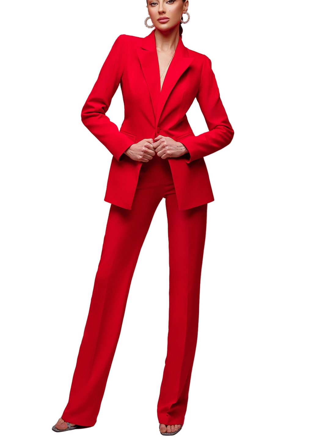 Red 2-piece Pantsuit With Extra Long Straight Pants for Women, Bright ...
