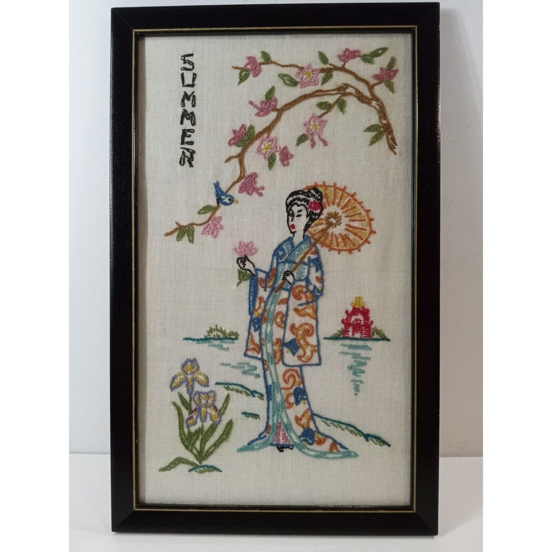 Vtg 1969 Asian Embroidered Needlework Wall Art Hanging Woman Floral ...