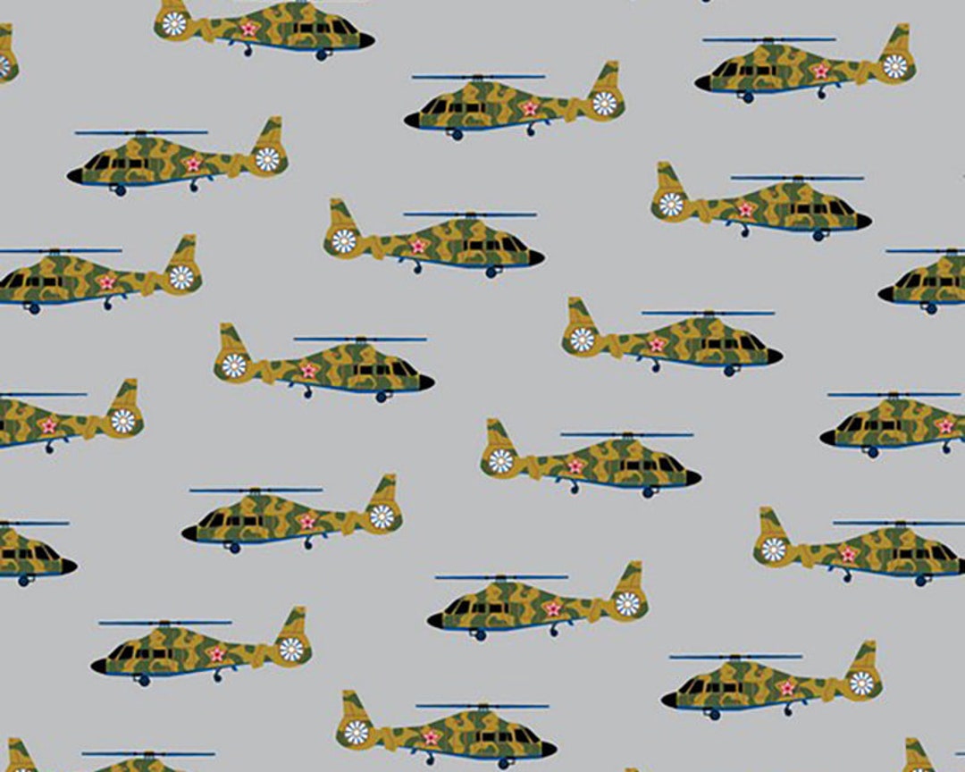 Army Helicopters on Grey Background, Cotton Jersey Fabric Dressmaking ...