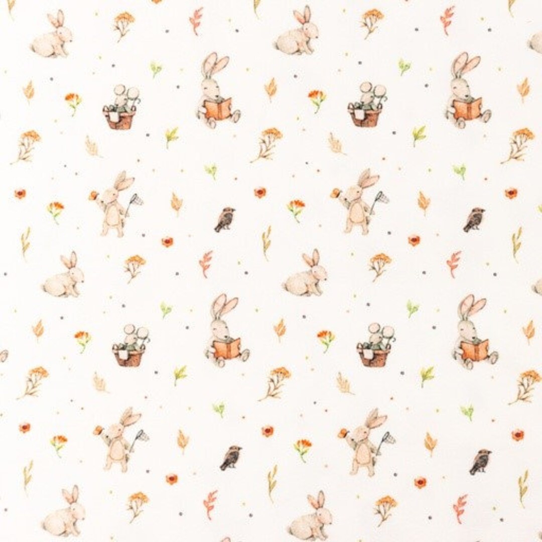 220GSM Cute Lazy Day Bunnies on Light Cream Background a 4 Way Stretch ...