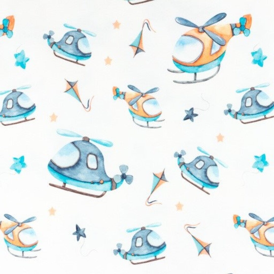 Baby 220GSM Cute Cartoon Helicopters on off White Background a 4 Way ...