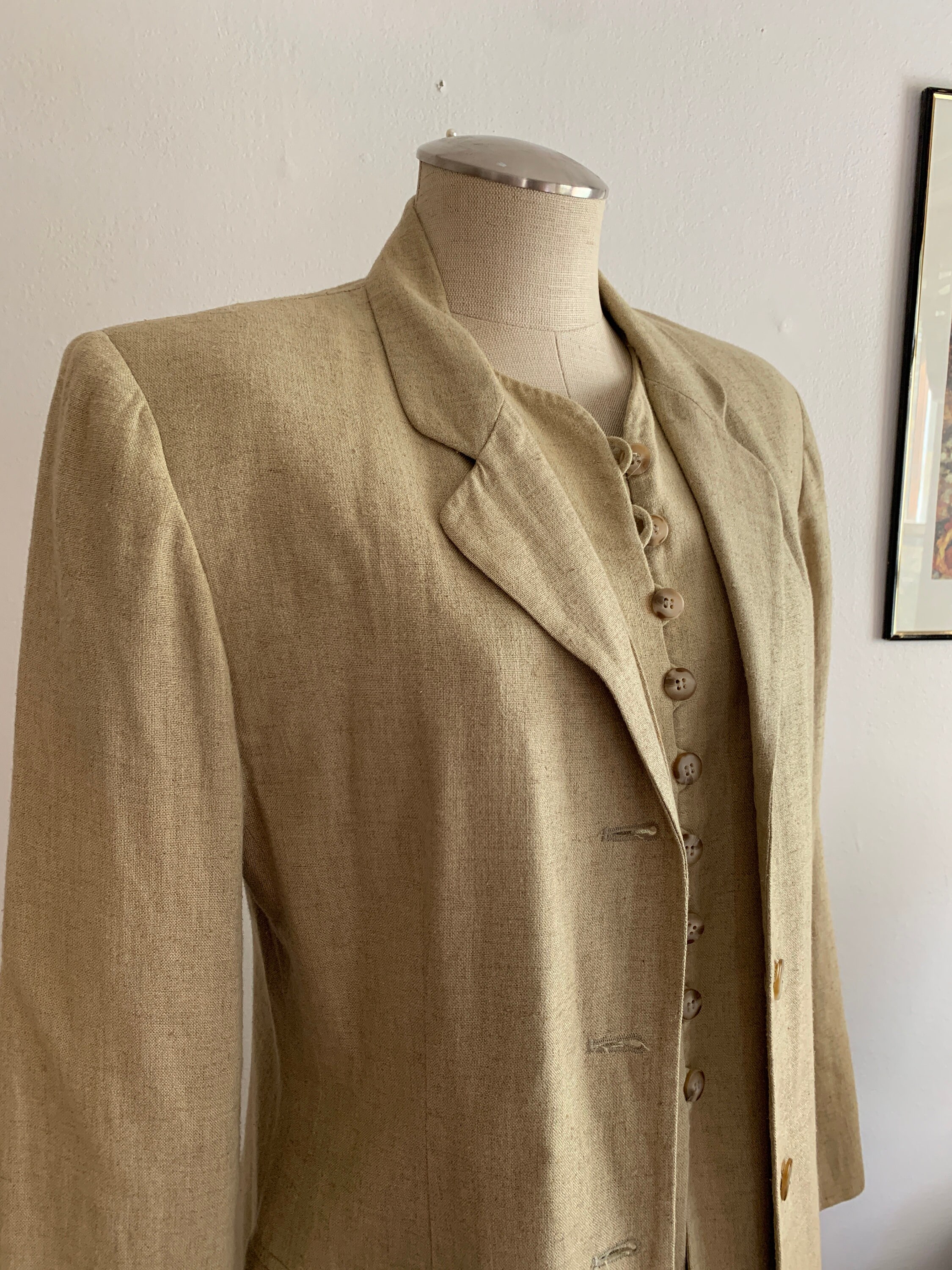 Vintage Linen Blend Vest & Blazer Set Linen Suit Jacket Long Crewneck ...