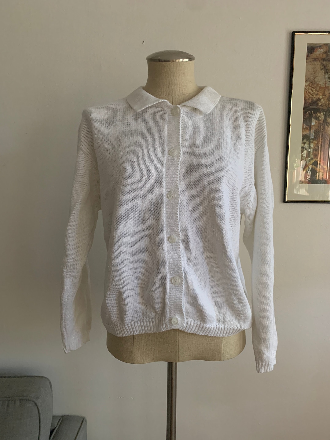 Vintage White Cardigan | Knit Cardigan | White Cardigan With Collar ...