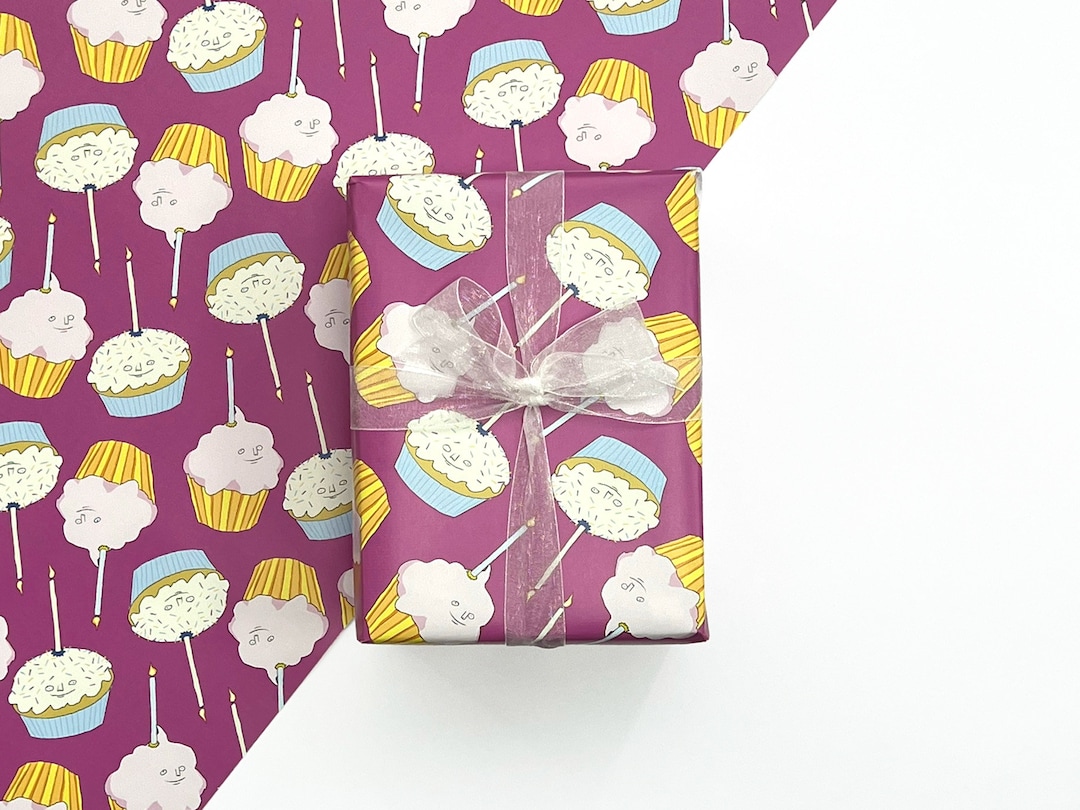 Cupcakes Birthday Wrapping Paper Funny Smiley Cake Celebration Gift ...