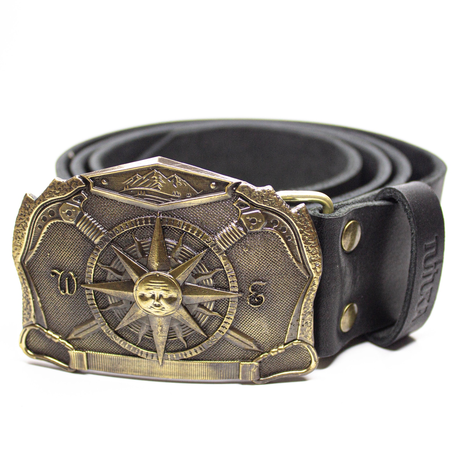 Leather Belt With Brass Buckle sun Compass - Etsy