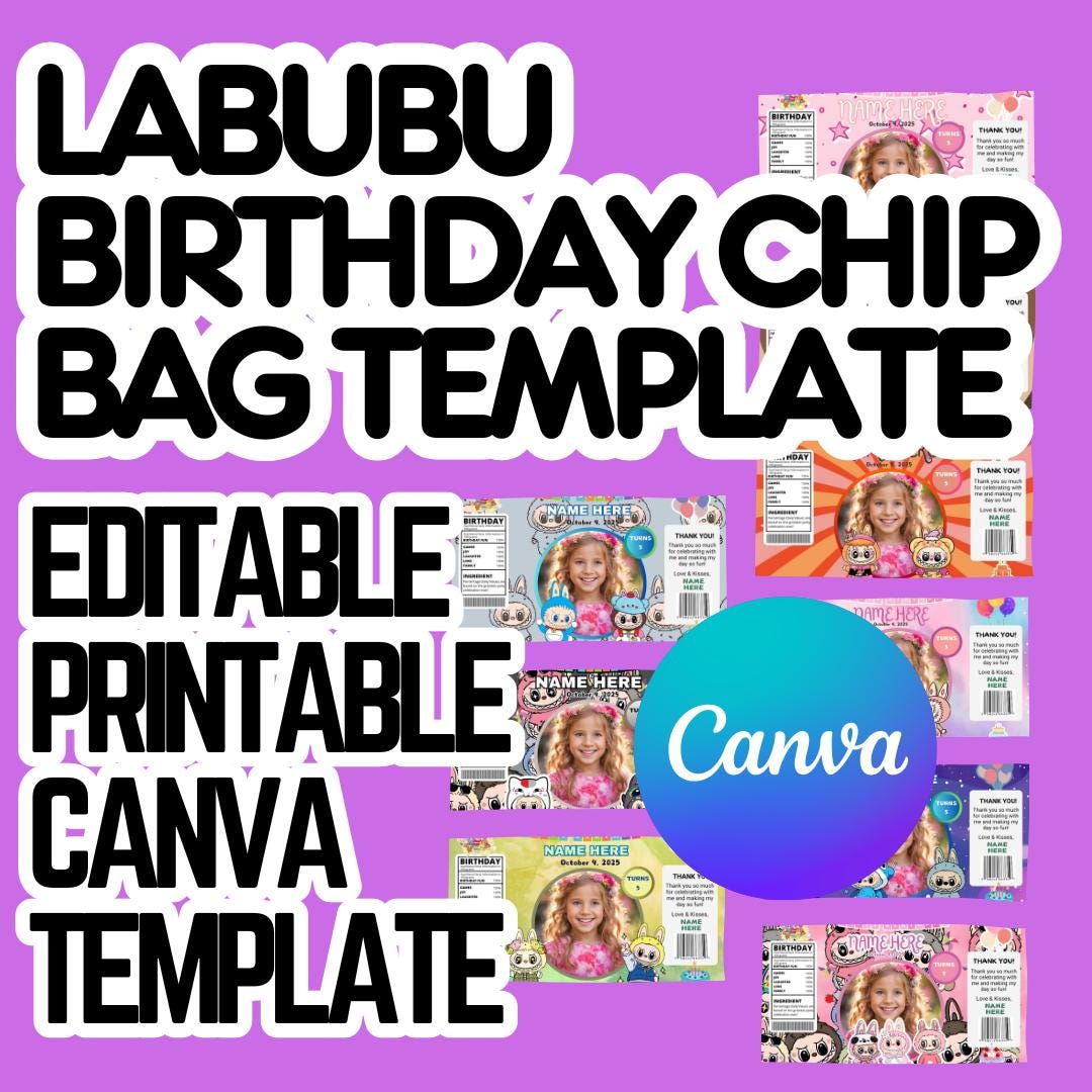 Labubu Design Birthday Chip Bags Template - Etsy
