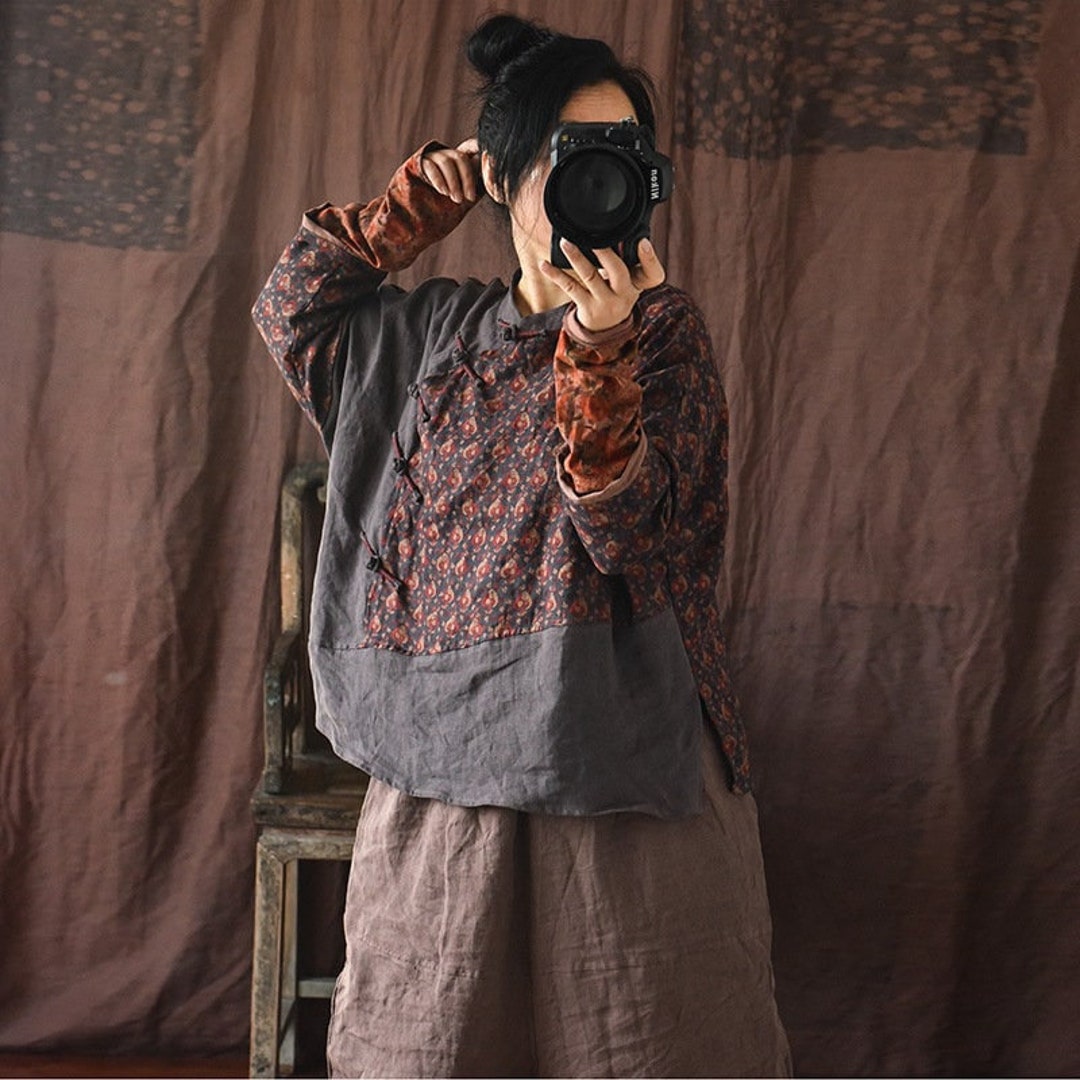 100 Percent Linen Vintage Chinese Women Tunic Shirt With Patchwork