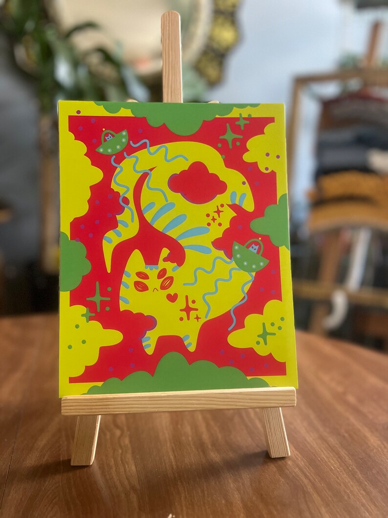 Alien Cat Invasion Fun Neon Hot Cat Attack! 8 in X 10 in Print on 100 ...