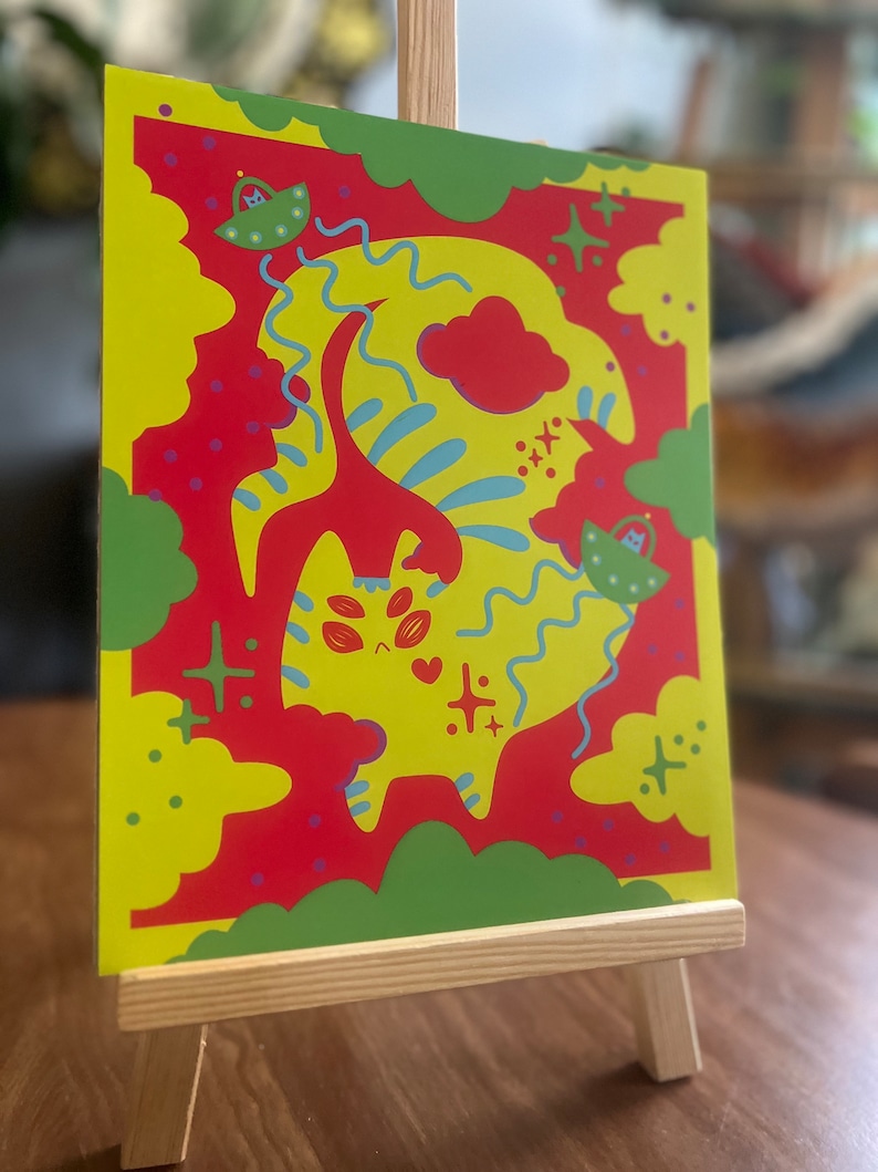 Alien Cat Invasion Fun Neon Hot Cat Attack! 8 in X 10 in Print on 100 ...