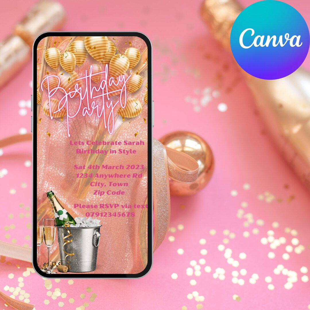 DIGITAL EDITABLE DIY Pink & Gold Birthday Party Invite Electronic ...
