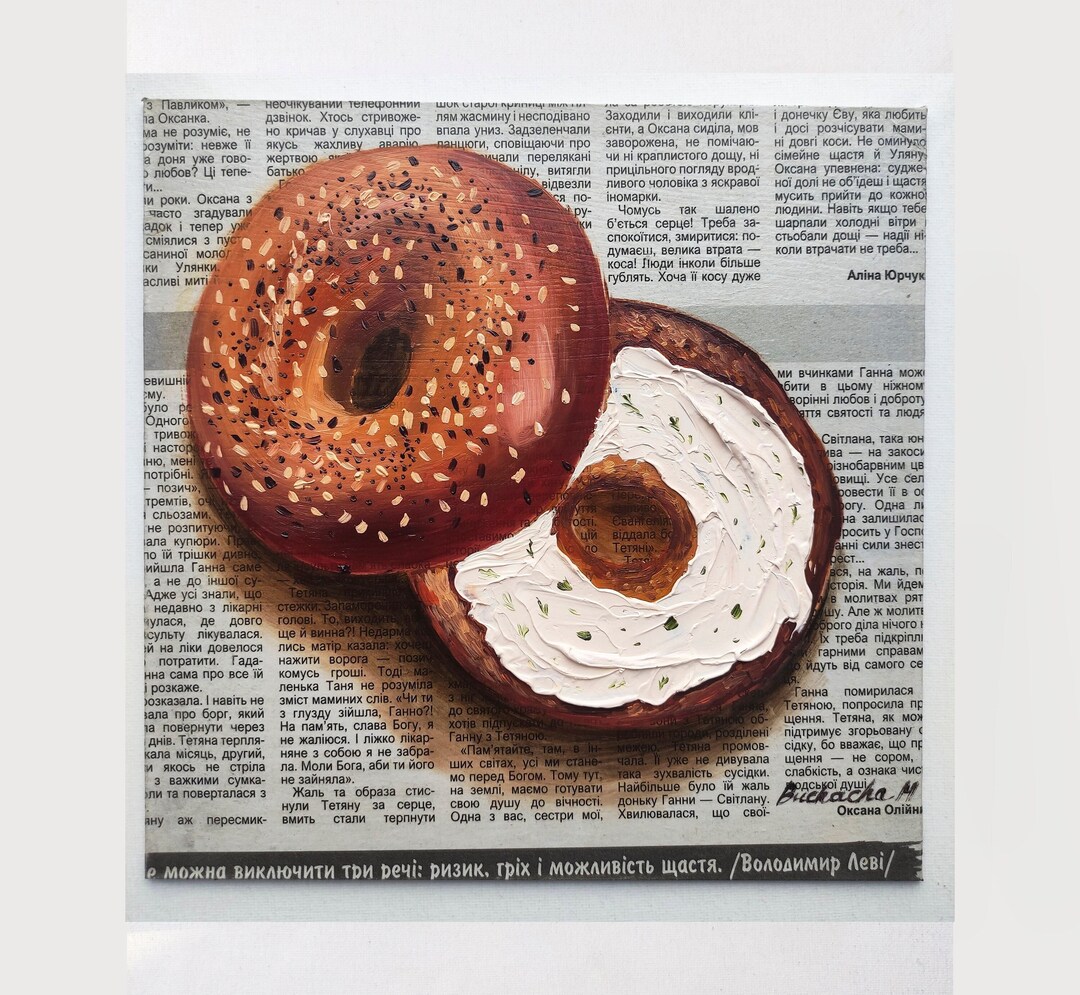 Bagel Painting Newspaper Painting Newspaper Art Food Painting - Etsy