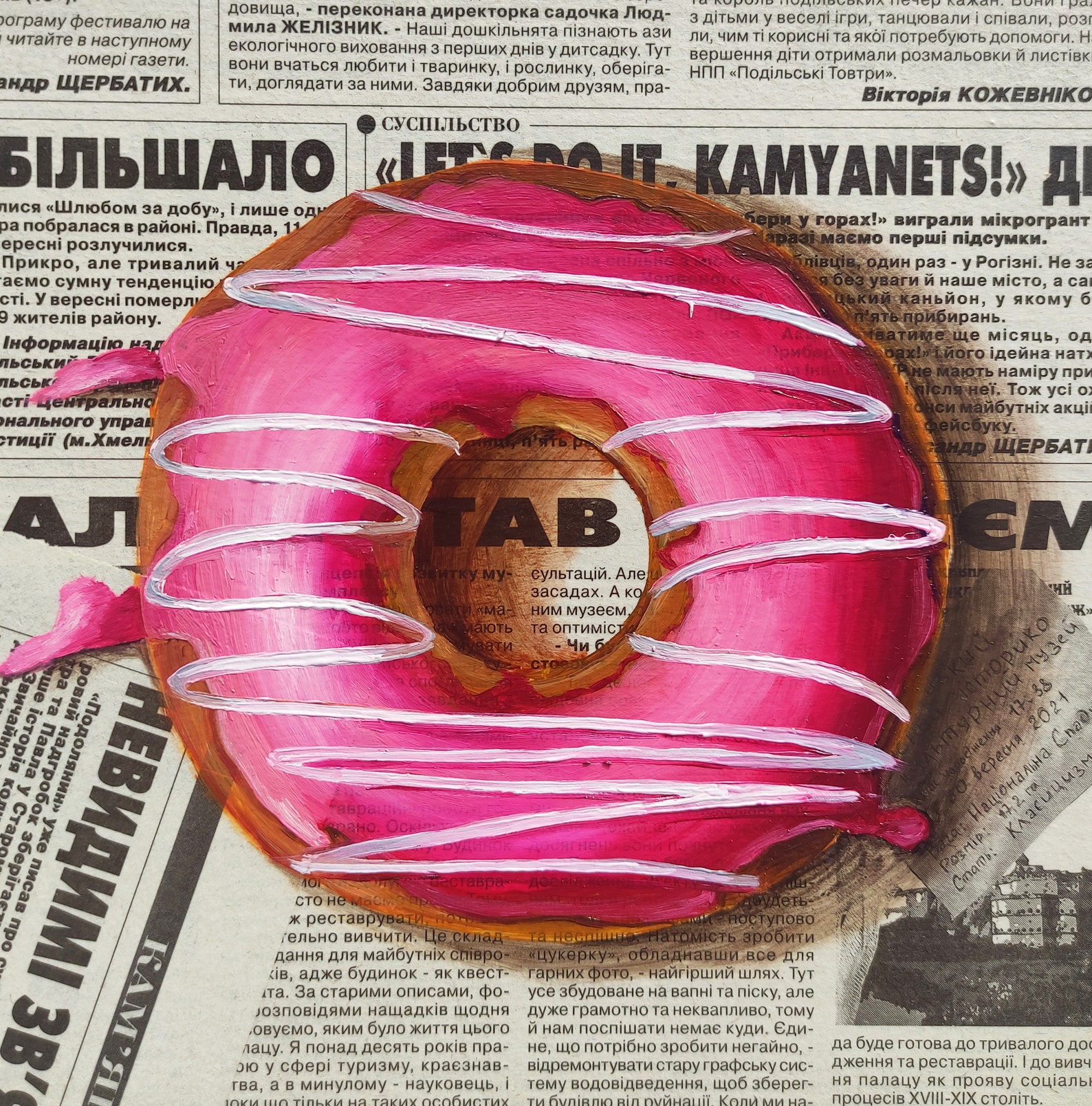 Donut Painting on Newspaper Art Pink Donut Art Newspaper - Etsy