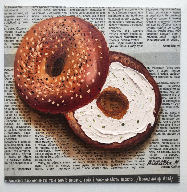 Bagel Painting Newspaper Painting Newspaper Art Food Painting - Etsy