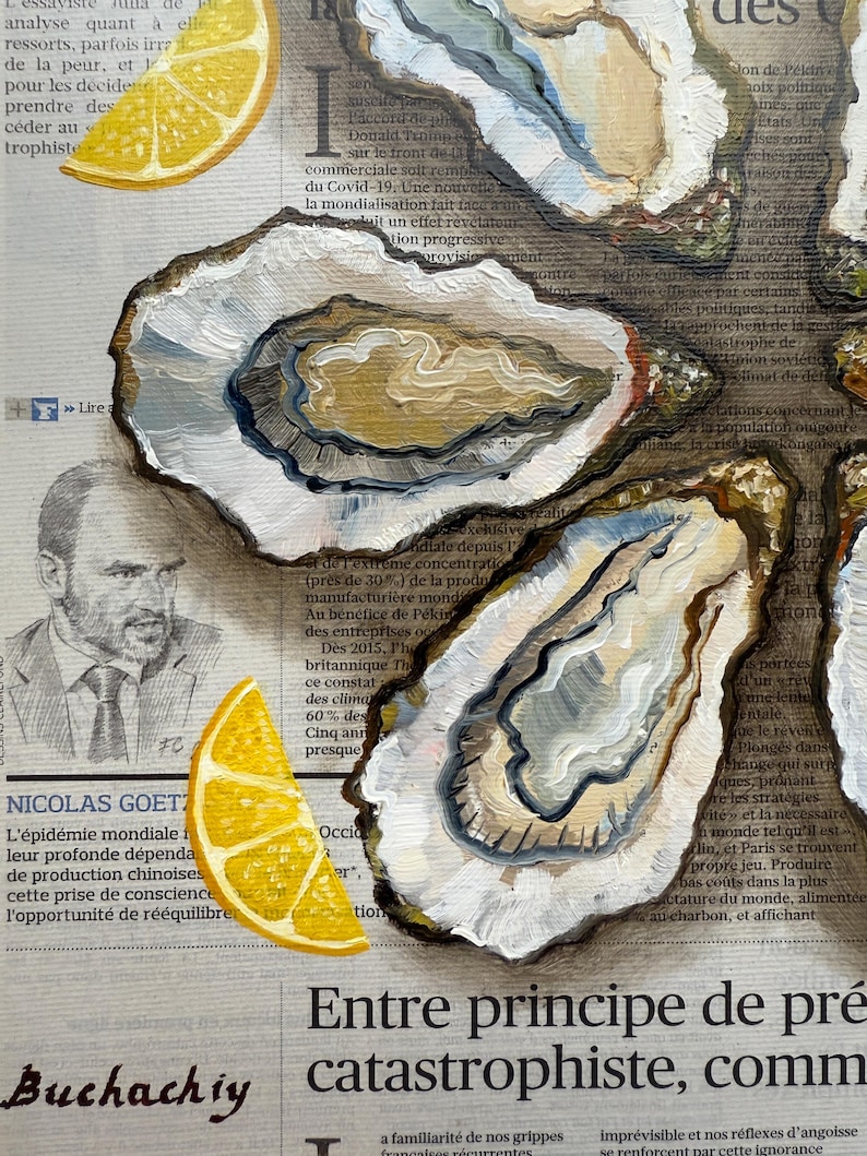 Newspaper Painting Oyster Painting Seafood Wall Art Original Oil ...
