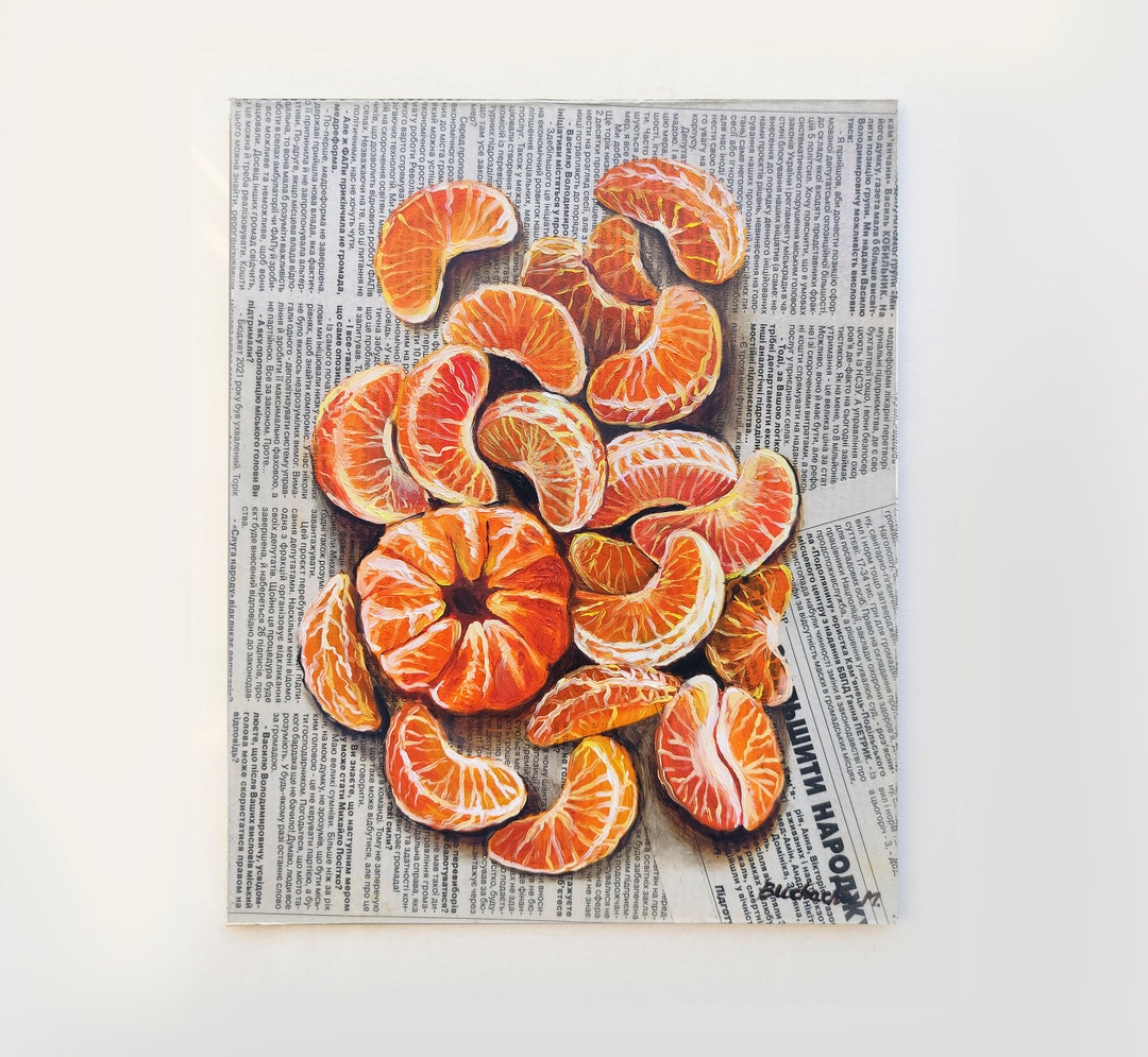 Tangerine Painting on Newspaper Art Orange Painting Newspaper Wall Art ...