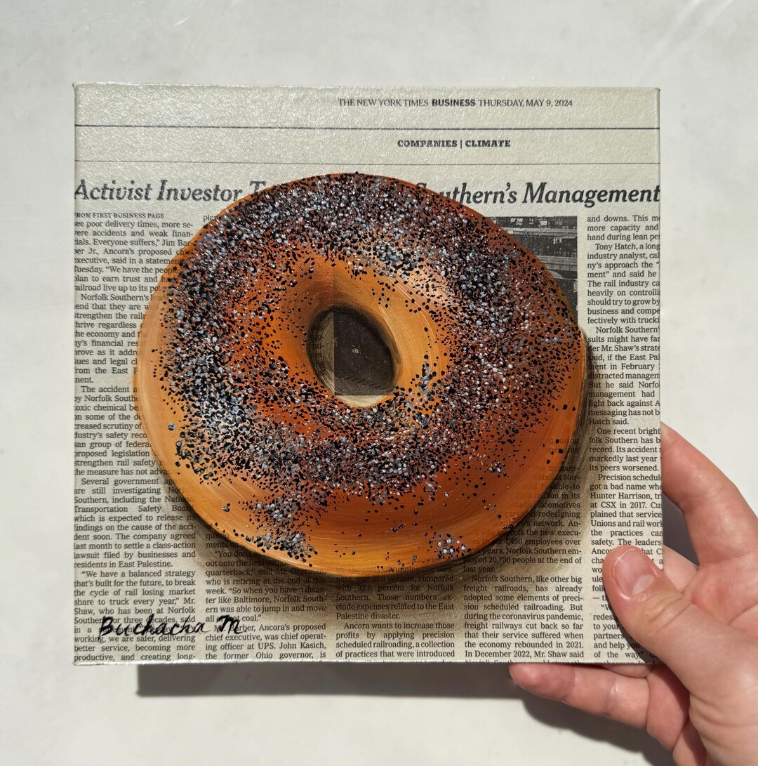 Bagel Painting on Newspaper Art Newspaper Painting Bagel Art on ...