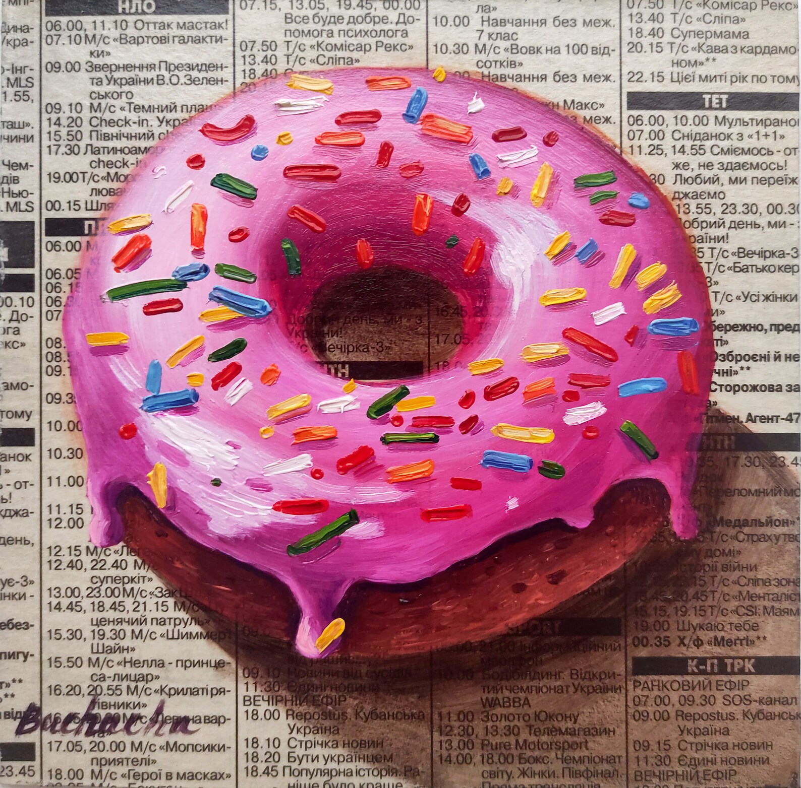 Donut Painting on Newspaper Painting Newspaper Art Food Oil - Etsy
