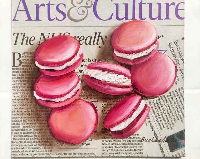 Macarons Painting on Newspaper Painting Pink Macarons Dessert Painting ...