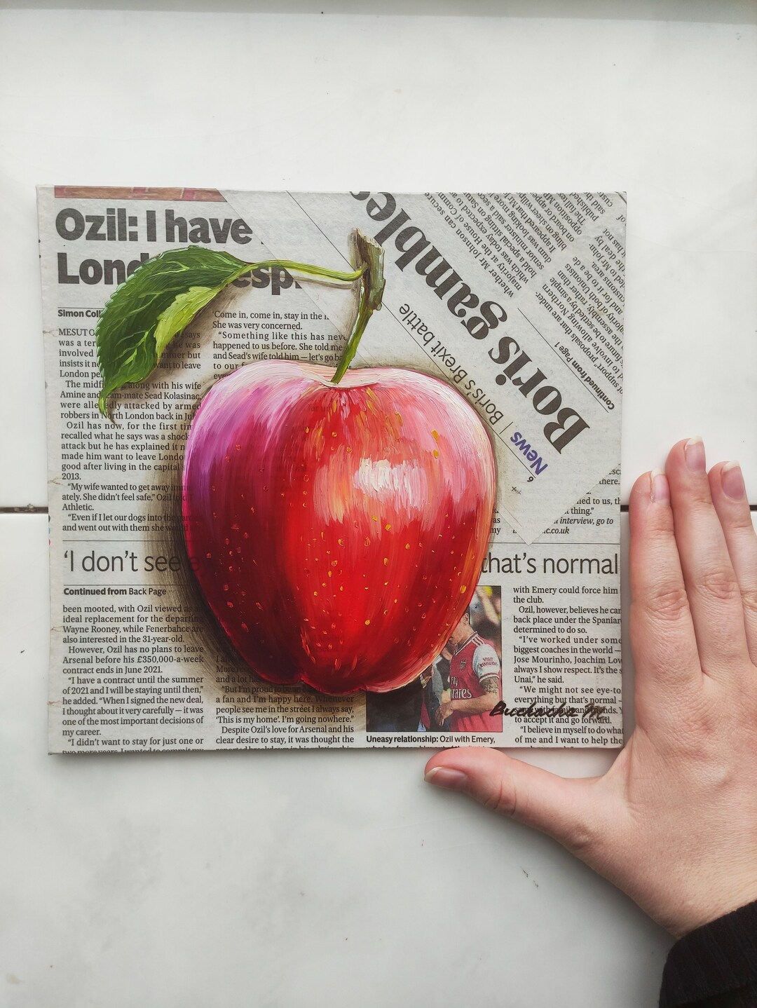 Newspaper Art Apple Painting on Newspaper Painting Original Apple Oil ...