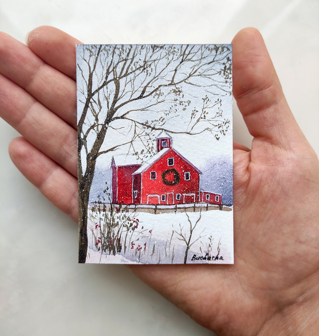 ACEO Original Art ACEO Watercolor Painting Christmas ACEO Cards Red ...