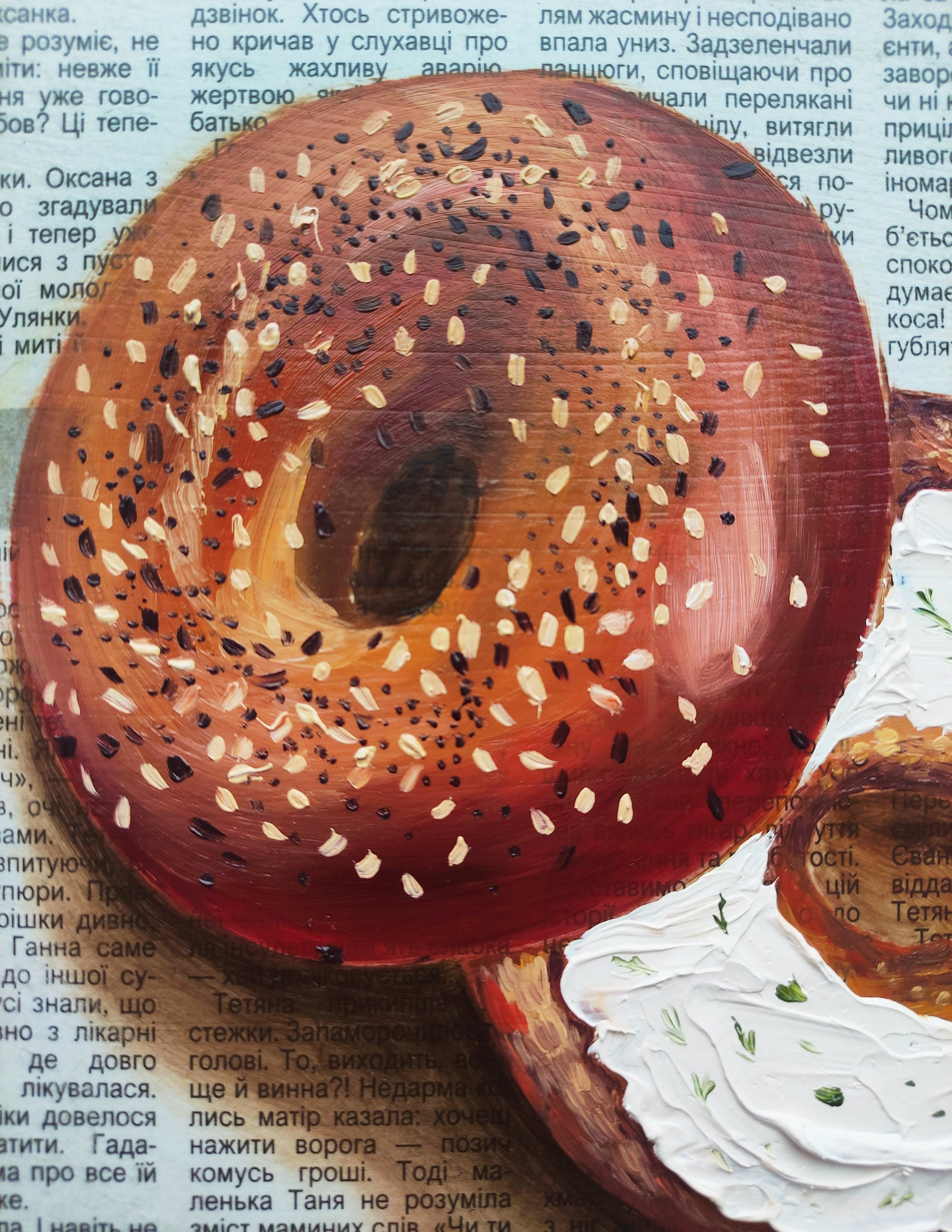 Bagel Painting Newspaper Painting Newspaper Art Food Painting - Etsy