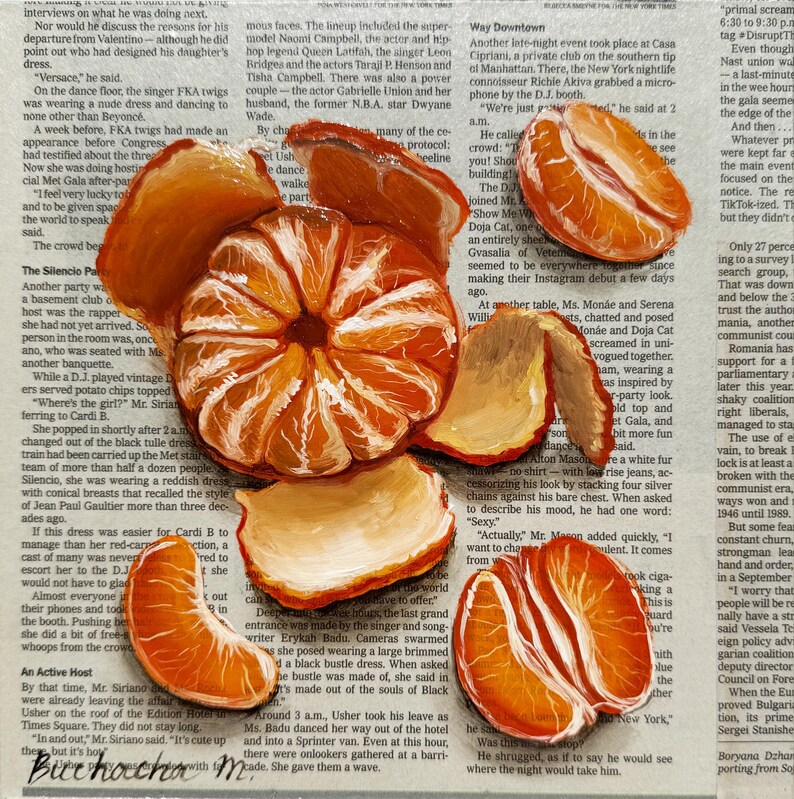 Tangerine Painting on Newspaper Art Original Orange Painting Newspaper ...