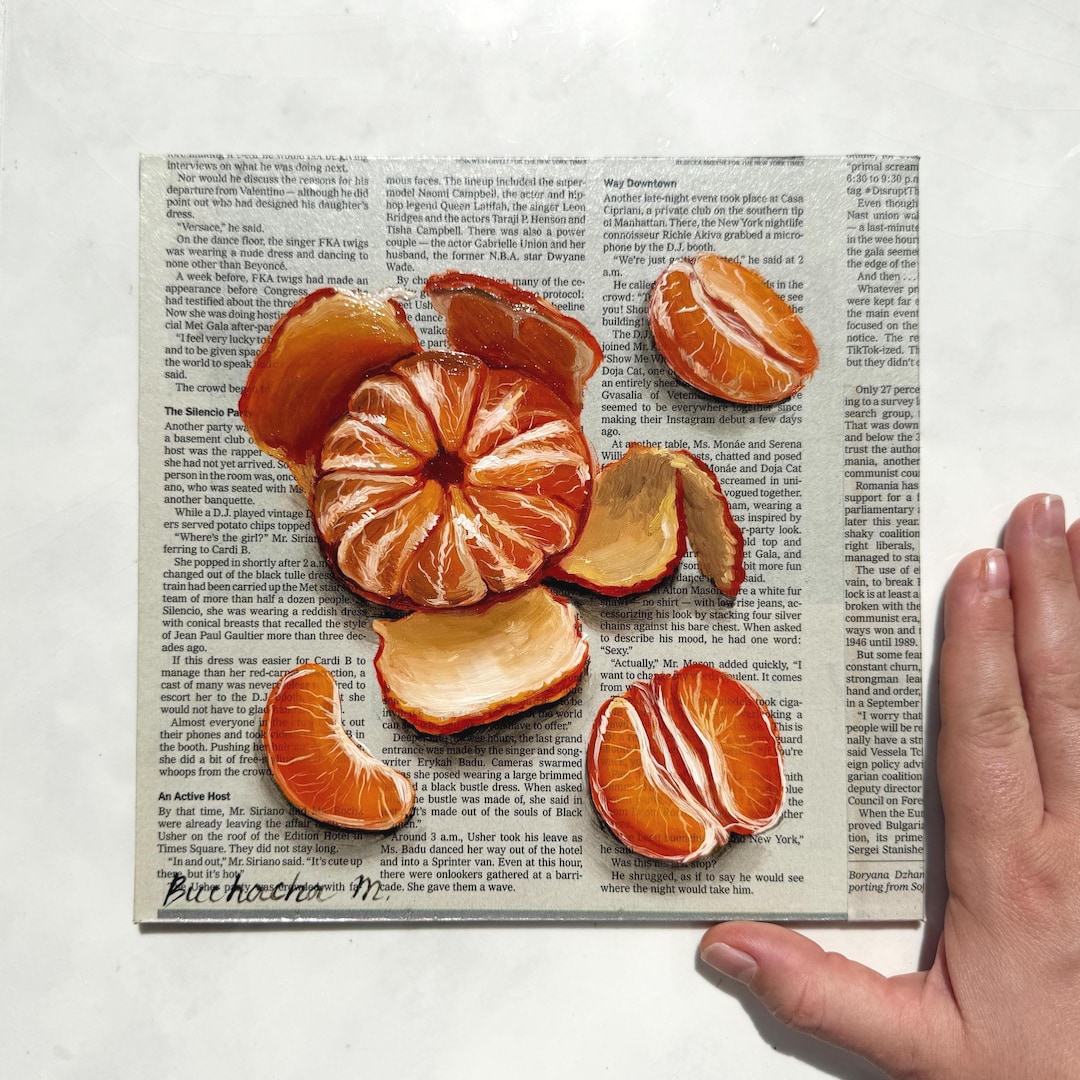 Tangerine Painting on Newspaper Art Original Orange Painting Newspaper ...
