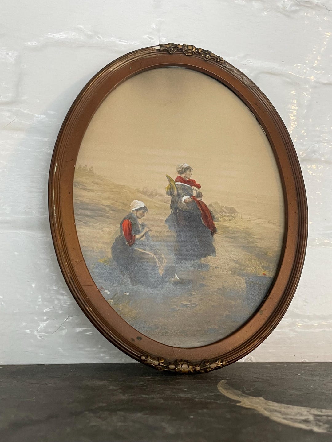 Very Old Antique Water Color Painting Women in Field Oval in Frame With ...