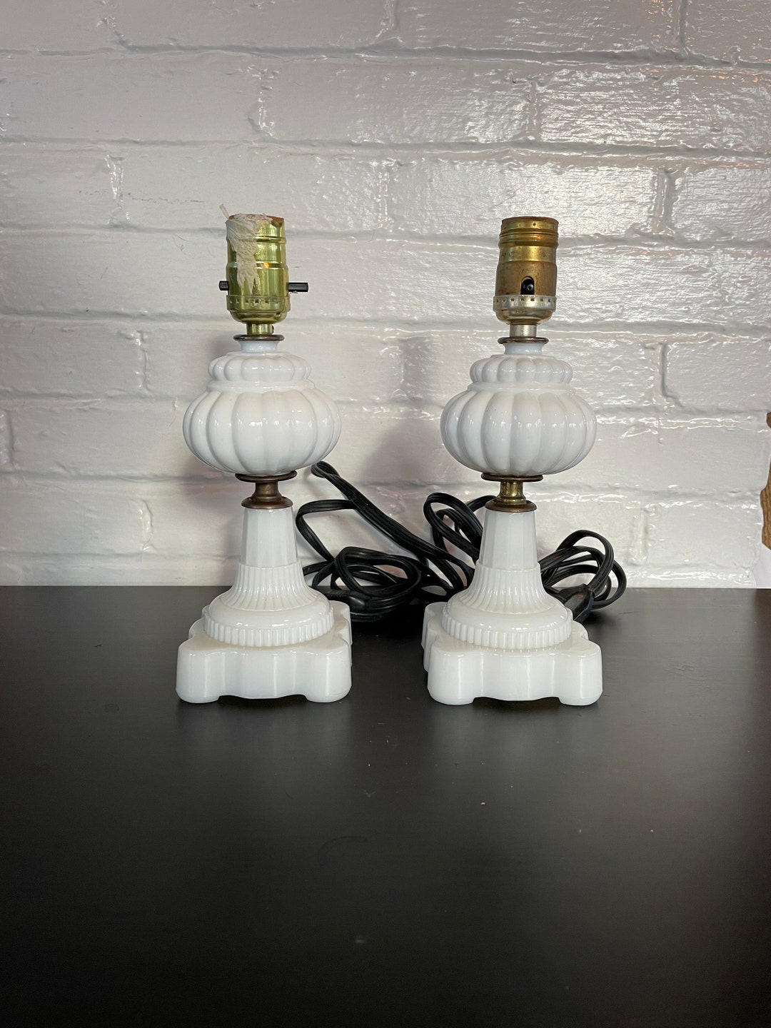 Great Pair Of Vintage Milk Glass Lamps With Ornate Shape Design Etsy