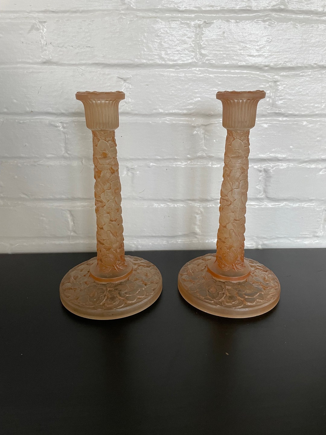 Vintage Consolidated Glass High Candlestick Pair - in Peach Color ...